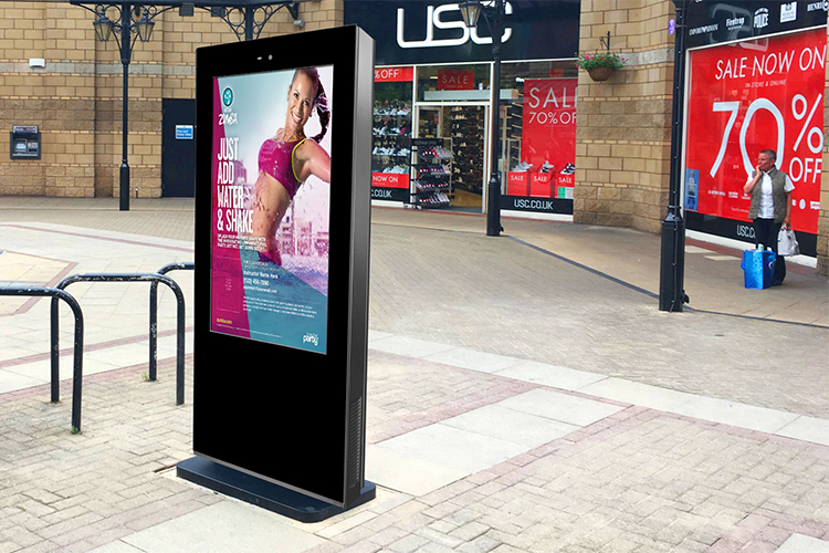 Commercial display on the video wall, digital signage and hand ...